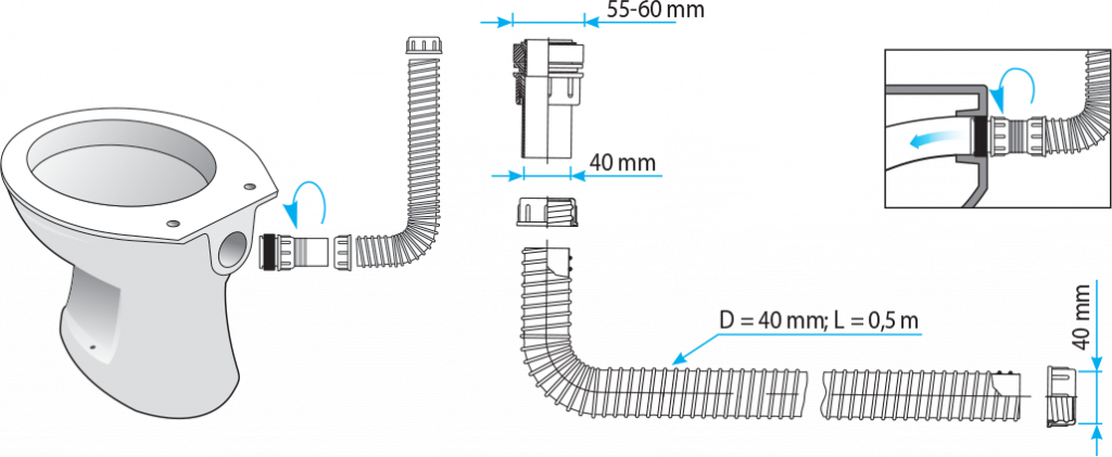 Flexible WC siphon L=0.5 m, high level assembly – Tehnoexport